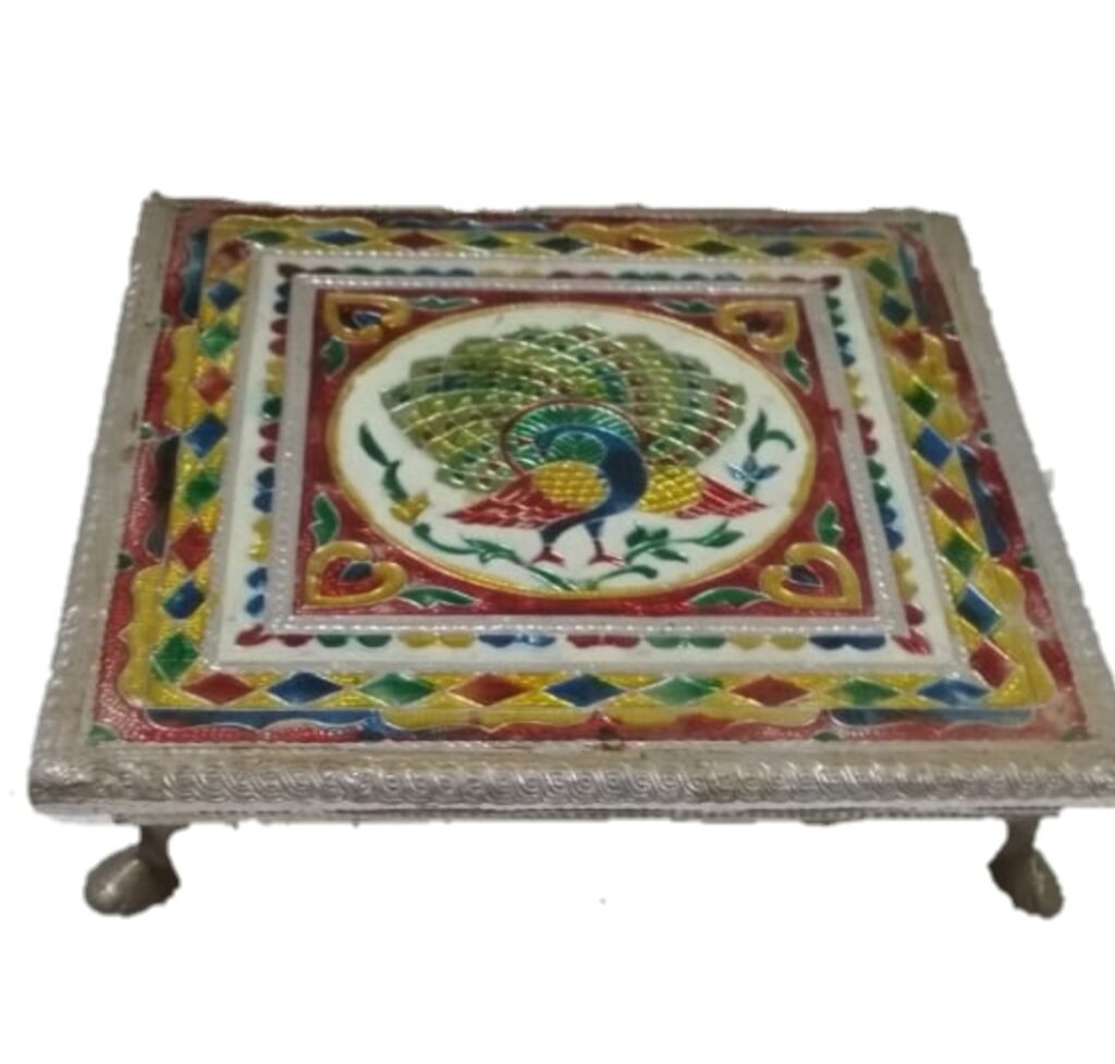 929. Sankalan Art Gallery Pooja Chowki wooden, White metal patra, Meena ...