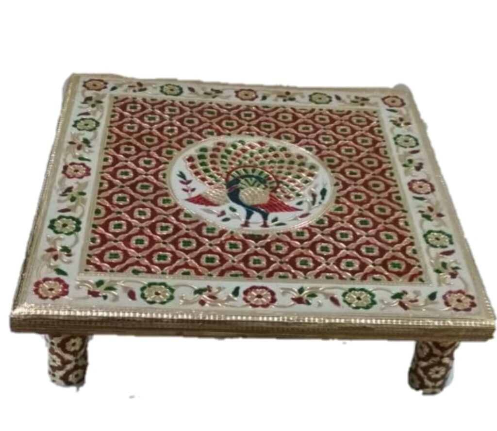 Sankalan Art Gallery Pooja Chowki wooden, White metal golden colour ...